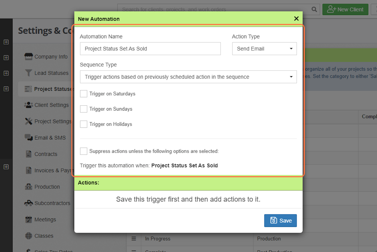 Adding Automations to Project Statuses